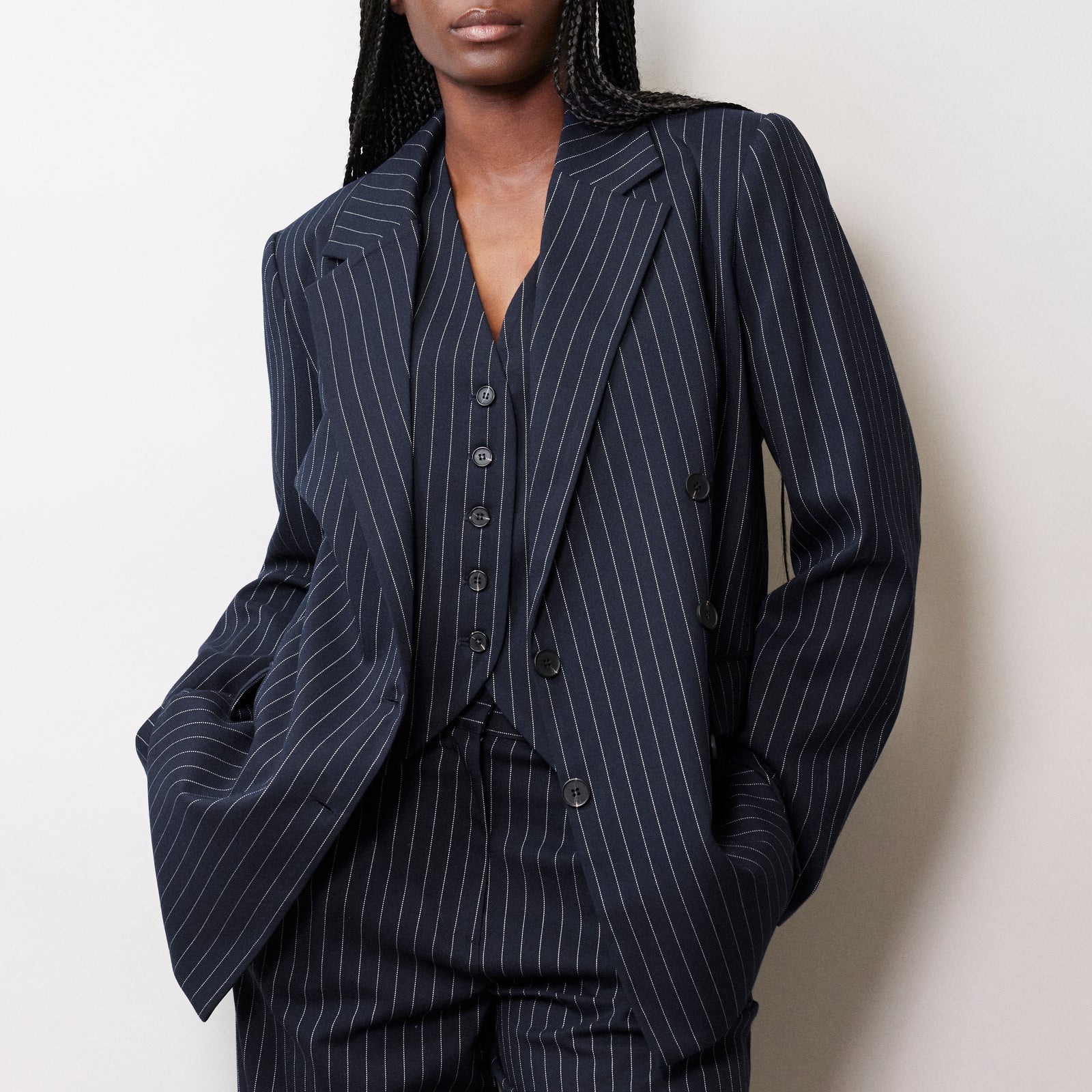 Navy Pinstripe Jacket | Sustainable Womenswear | Albaray