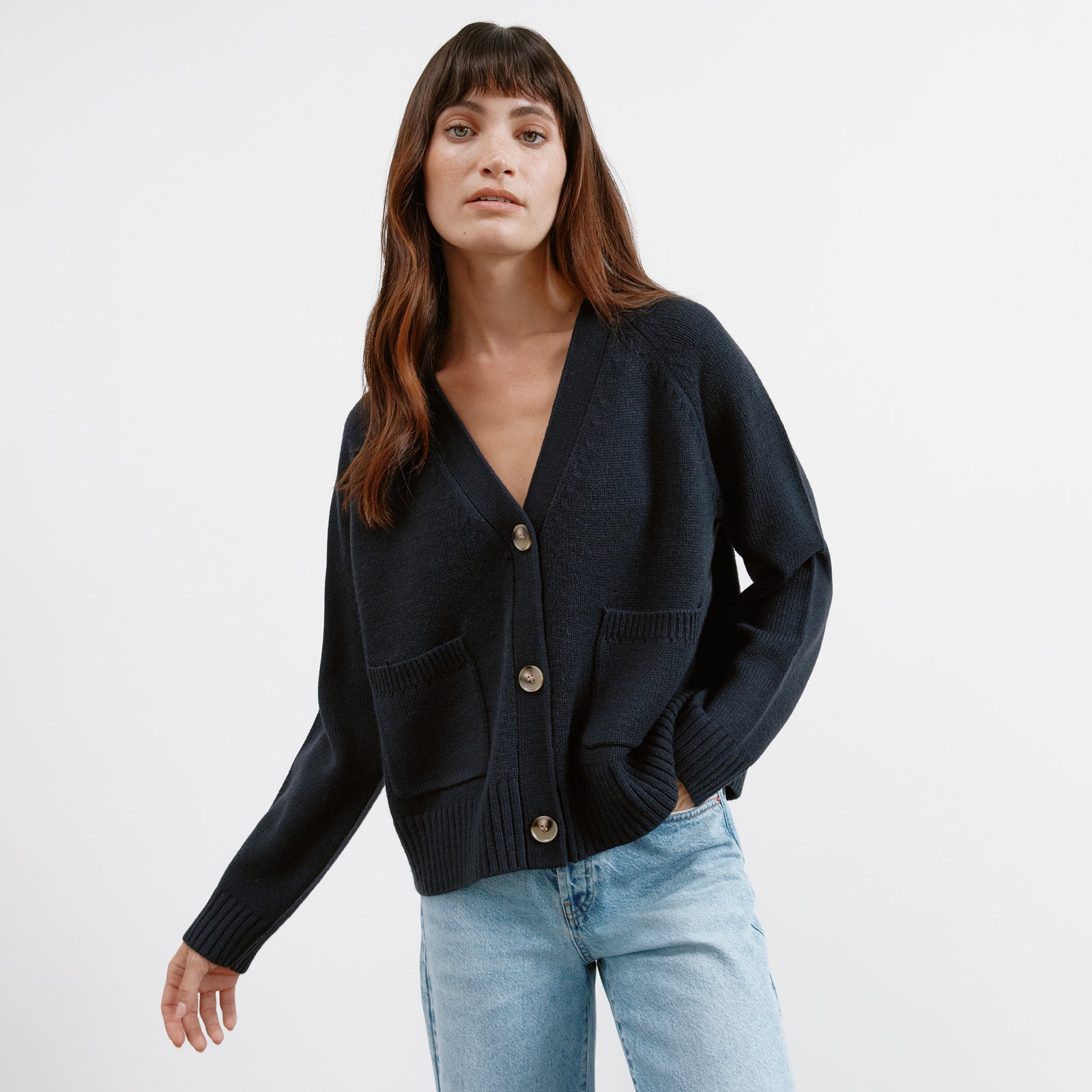 Navy Relaxed V Neck Cardigan | Sustainable Womenswear | Albaray