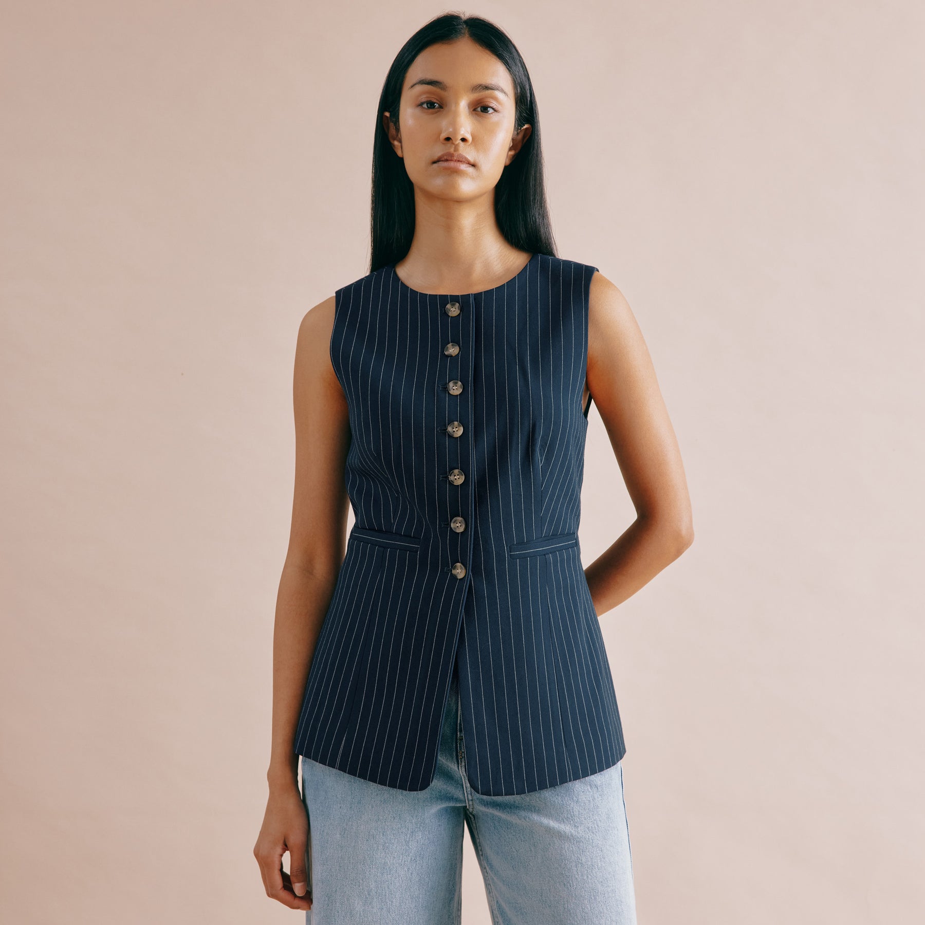 Navy Pinstripe Collarless Waistcoat | Sustainable Womenswear | Albaray