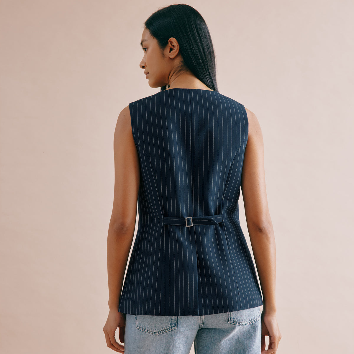 Navy Pinstripe Collarless Waistcoat | Sustainable Womenswear | Albaray