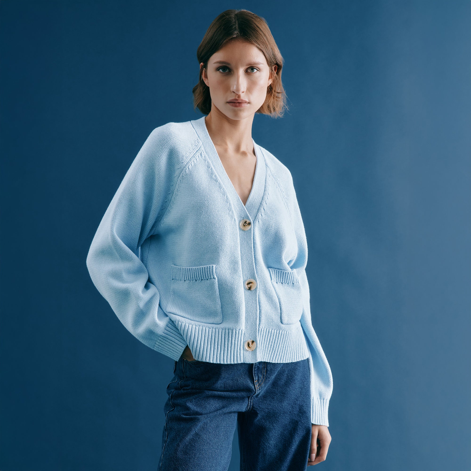 Blue Relaxed V Neck Cardigan | Sustainable Womenswear | Albaray